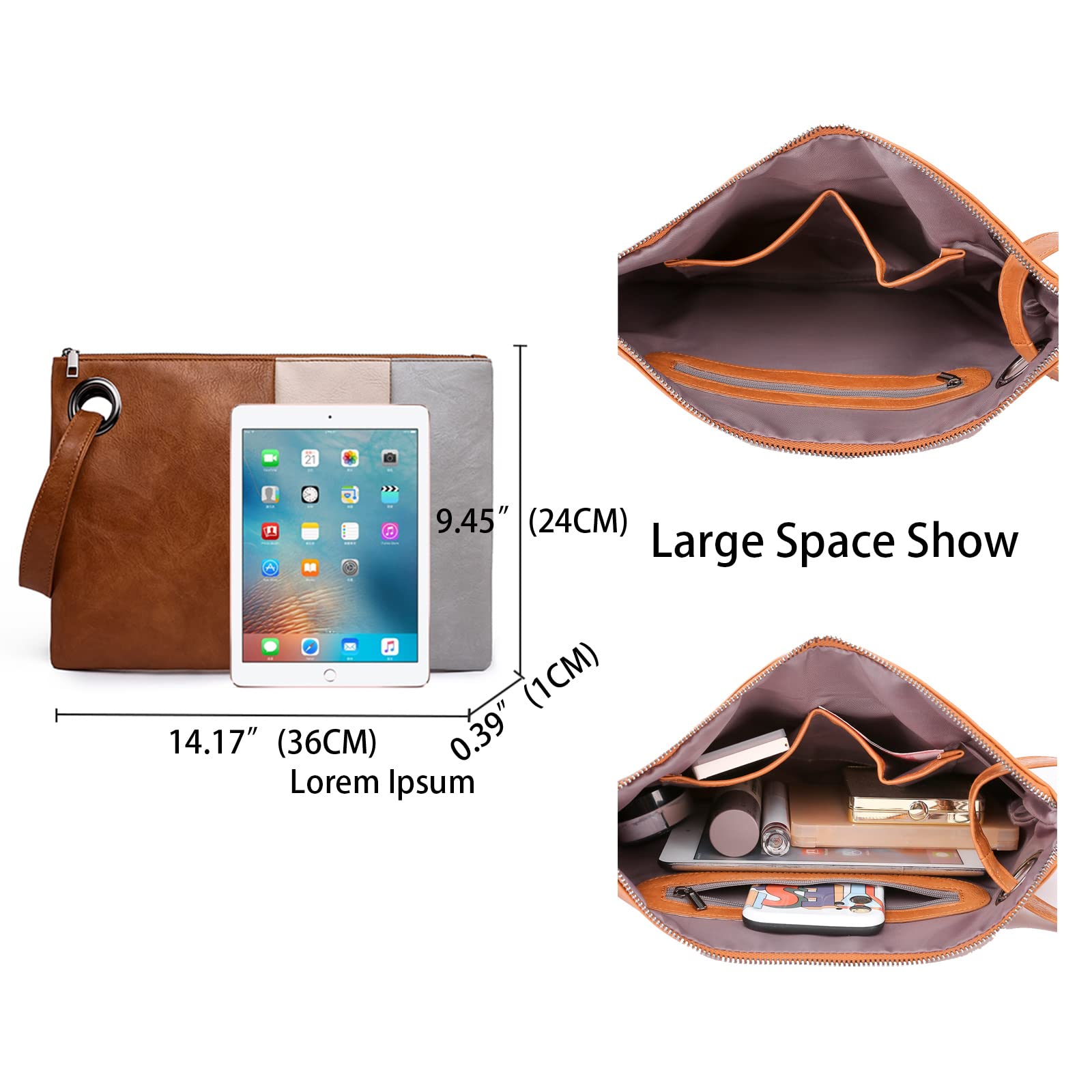 KlaOYer Large Colorblock Soft Pu Leather Wristlet Clutch Bag For Women Designer Large Wallet Evening Purse with Round handle (Brown-White-Grey)