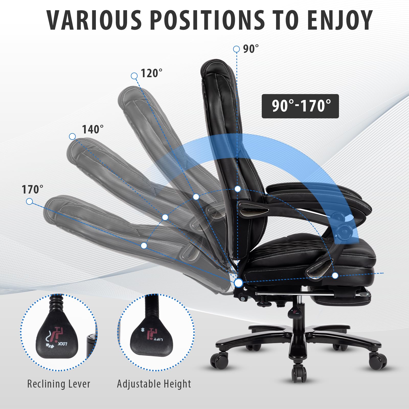 Kasorix Big and Tall Executive Home Office Chair with Footrest,Desk Chairs with Wheels and Arms,Adjustable Bonded PU Leather Office Chair