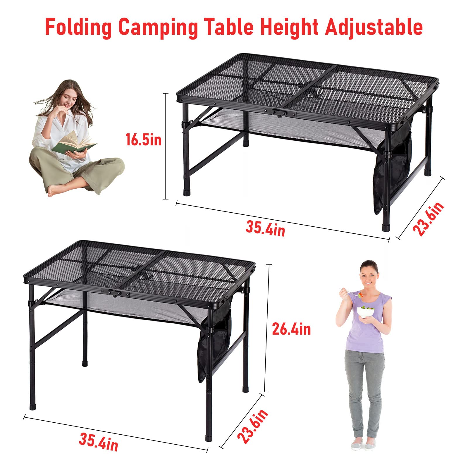 Kweetle Foldable Camping Table, Aluminum Camp Grill Table Height Adjustable, Portable Table with Mesh Bag, Picnic Tables for Outdoors, RV, BBQ, Garden, Cooking, Beach (35.4" x 23.6" x 26.4")