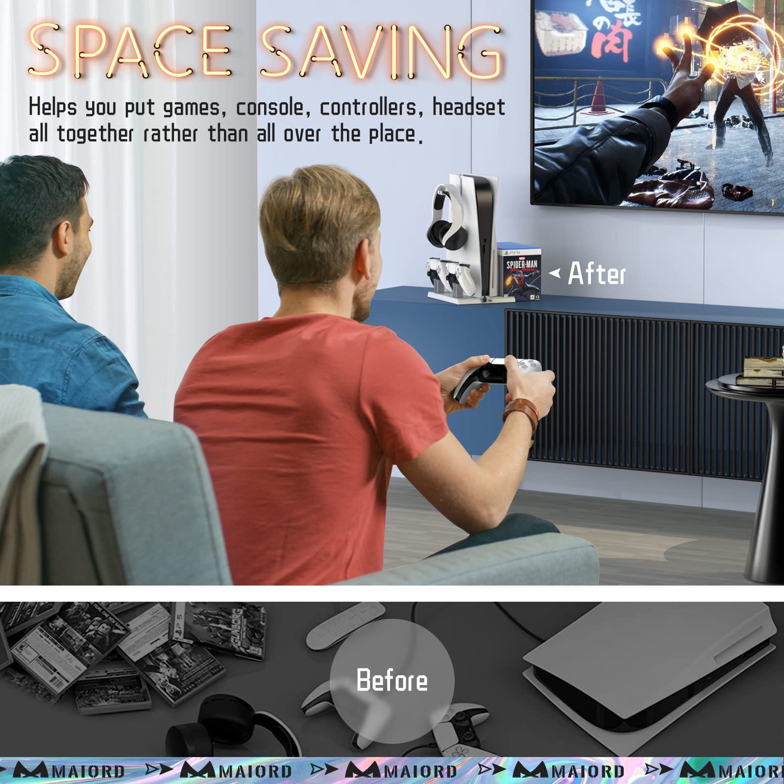 MAIORD PS5 Stand with Suction Cooling Fan and Dual Controller Charger, Suitable for Play Stations 5 Console, PS5 Accessories Include Charging Dock, Headset Holder, 15 Games Storage (White)