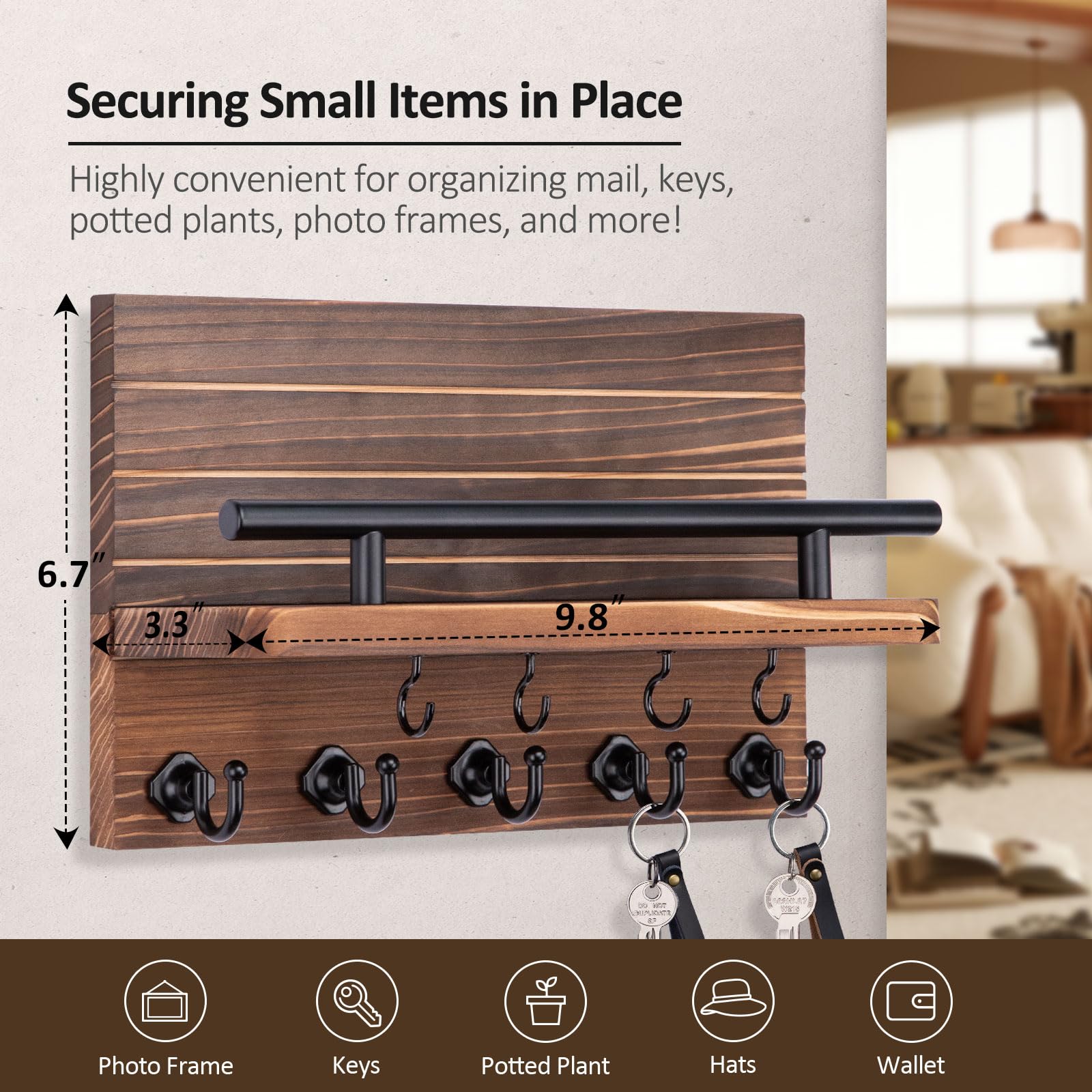 Nekon Key Holder for Wall with Shelf, Entryway Wall Organization with 9 Hooks, 9.8 Inch Wooden Key and Mail Holder with Mounting Screw Pack (Brown)