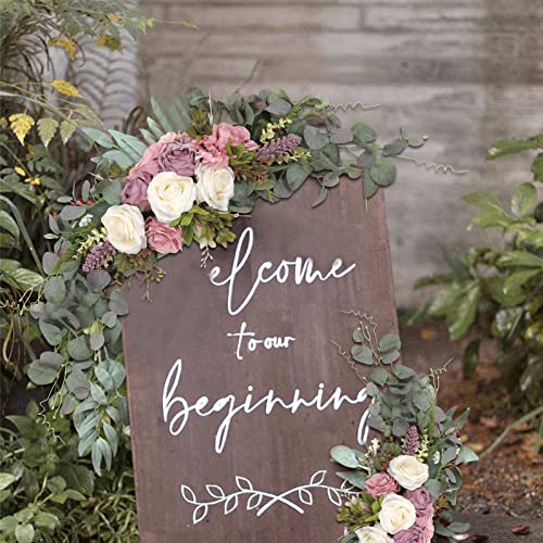 HiiARug Artificial Rose Flower Swag, 31 Inch Decorative Swag with Dusty Rose Hydrangeas Eucalyptus Leaves for Home Room Garden Lintel Wedding Arch Party Decor (Ivory Dusty Rose,31")
