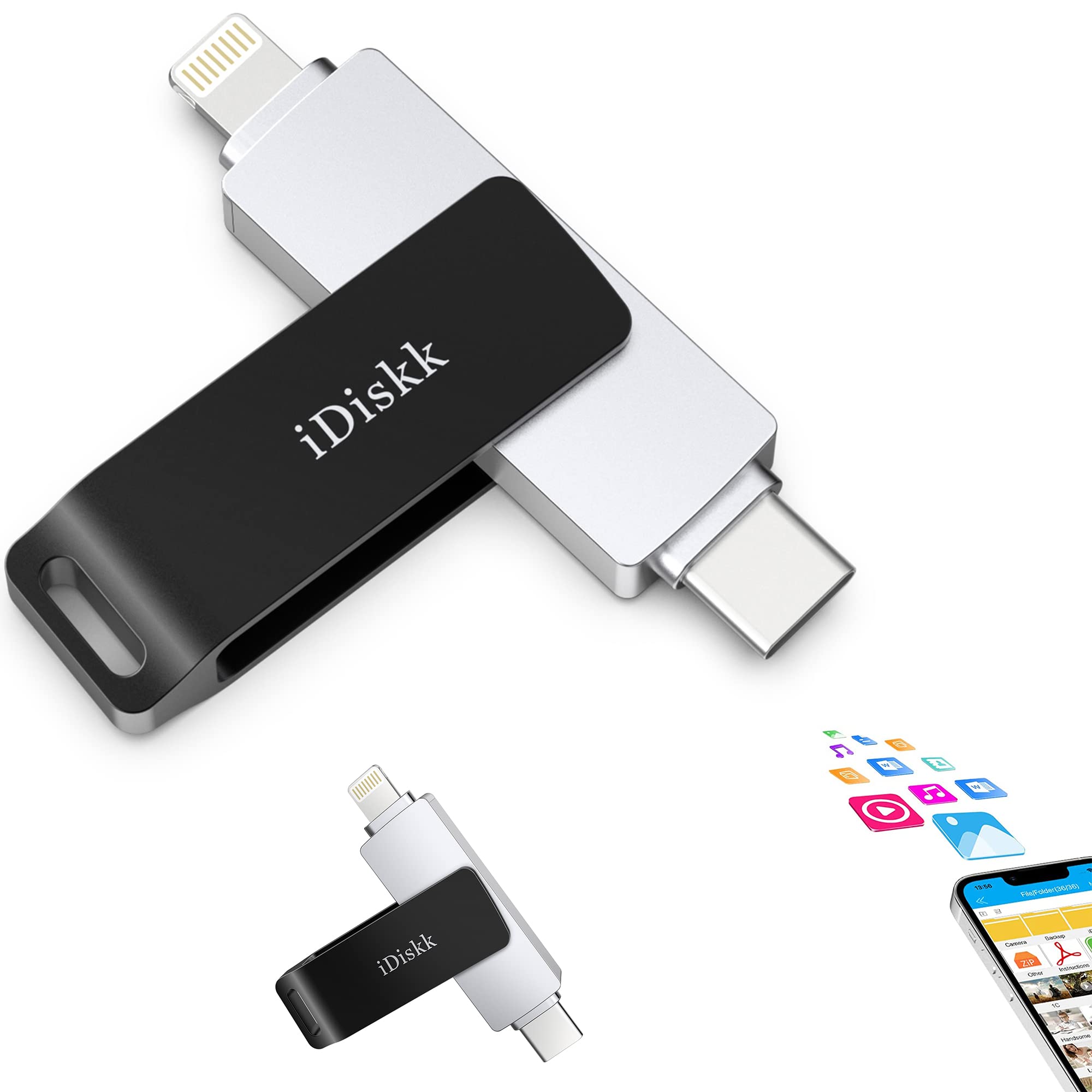 MFi Certified iDiskk 256GB Photo Transfer Device Flash-Drive for iPhone Photo Storage iPad Lightning USB C Android Photo Stick iPhone