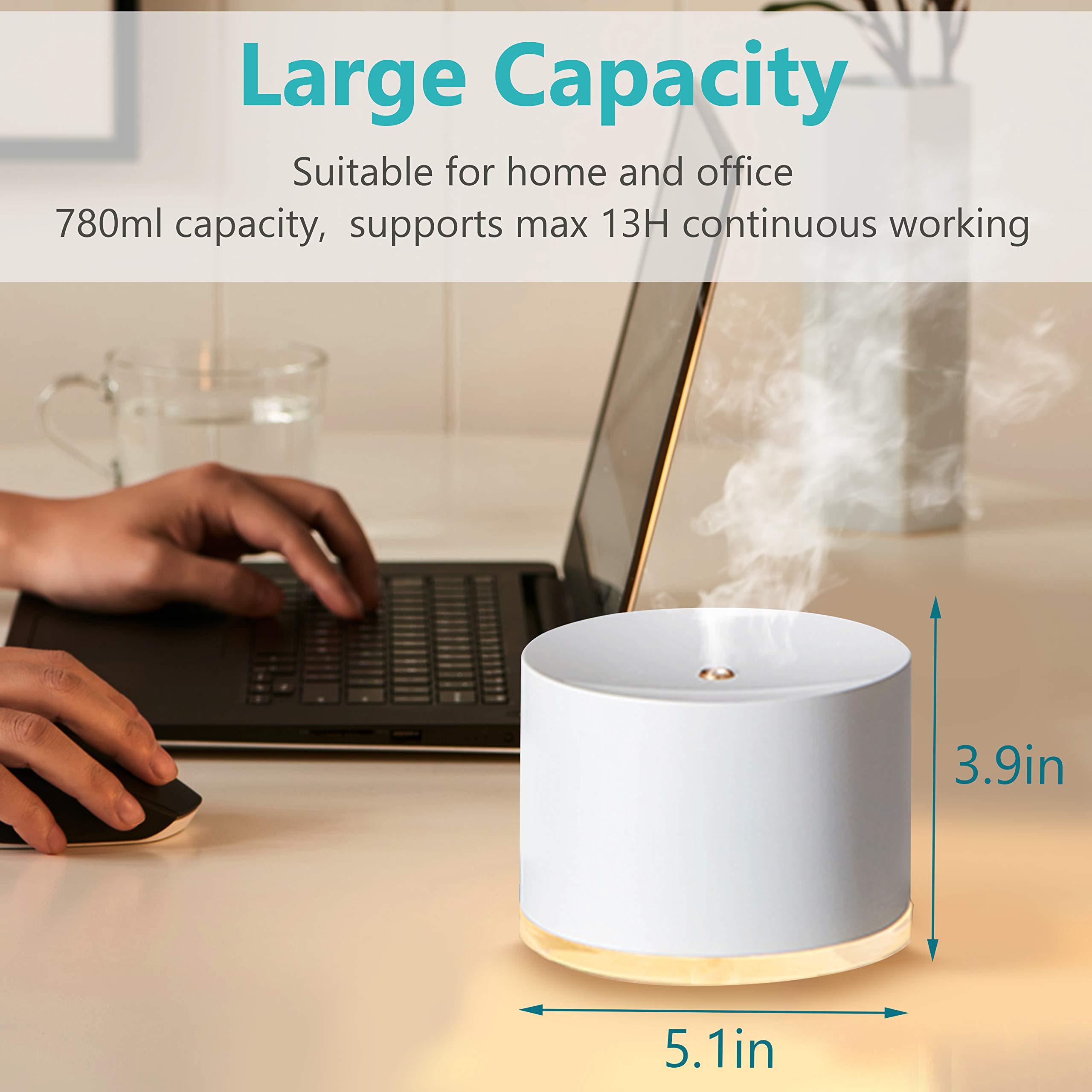 Humidifiers for Bedroom, USB Portable Desk Humidifier with LED Warm Night Light, Cool Mist Humidifiers 780ml Rechargeable with 2 Mist Modes, Auto Shut-Off for Home, Office, Car