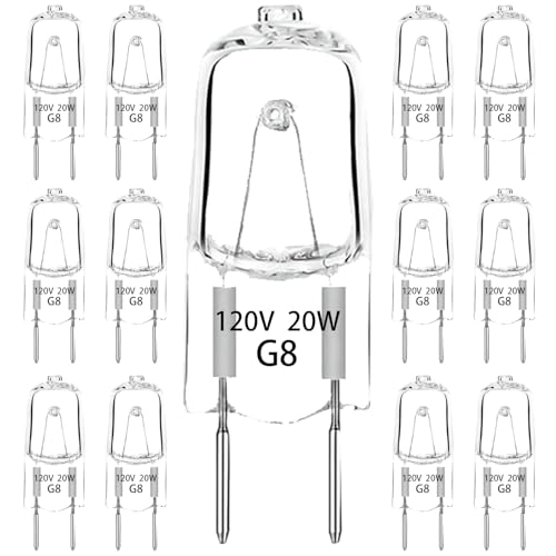 RAGFOZ G8 Halogen Light Bulbs 12 Pcs, 120V 20W G8 Xenon Under Cabinet Lighting Replacements, Dimmable T4 JCD G8 Base Bi-Pin 2700K Warm White