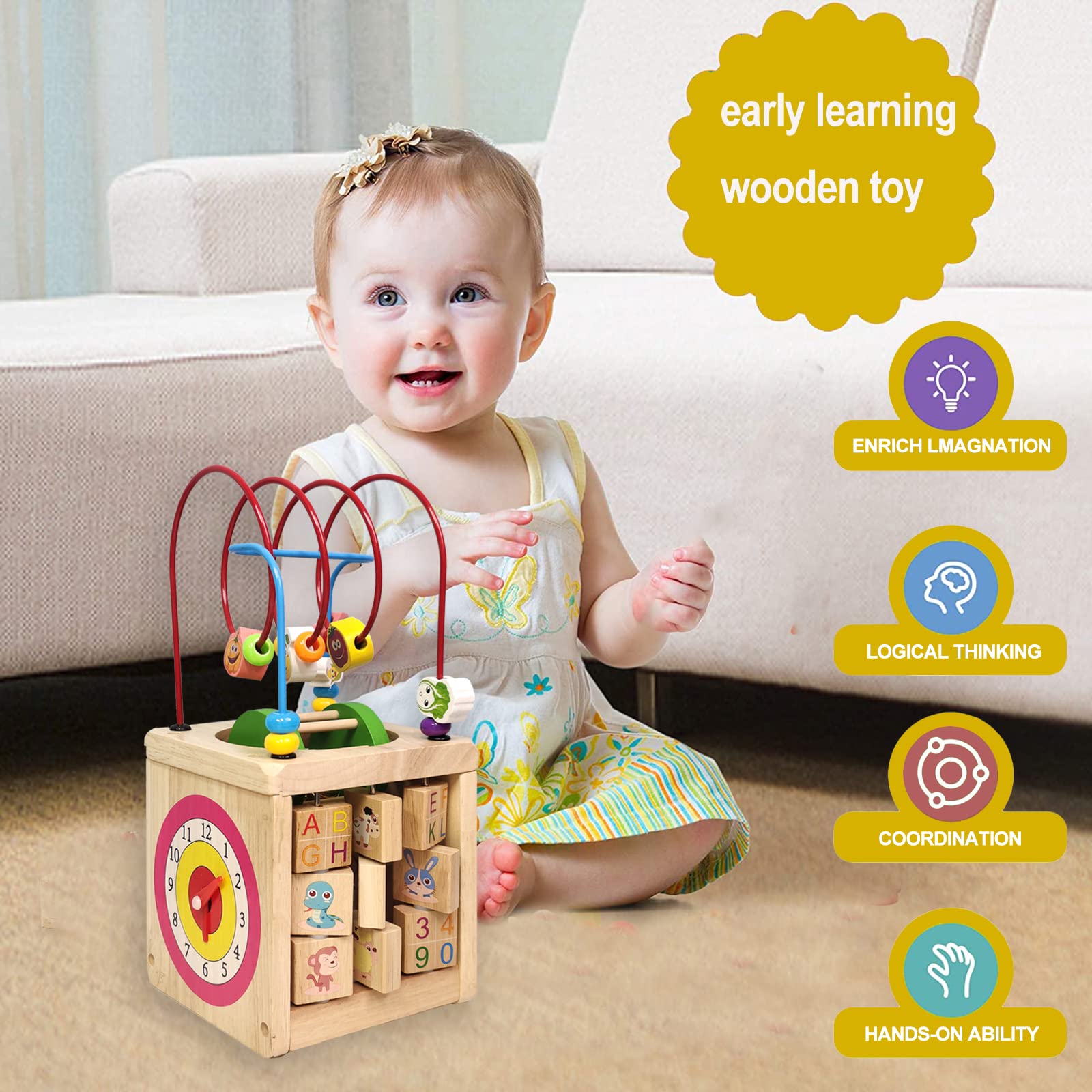 MICKYU Wooden Busy Cube Toy with Abacus, Bead Maze, and Shape Sorter - Early Learning Developmental Toy for Boys and Girls Ages 1-3