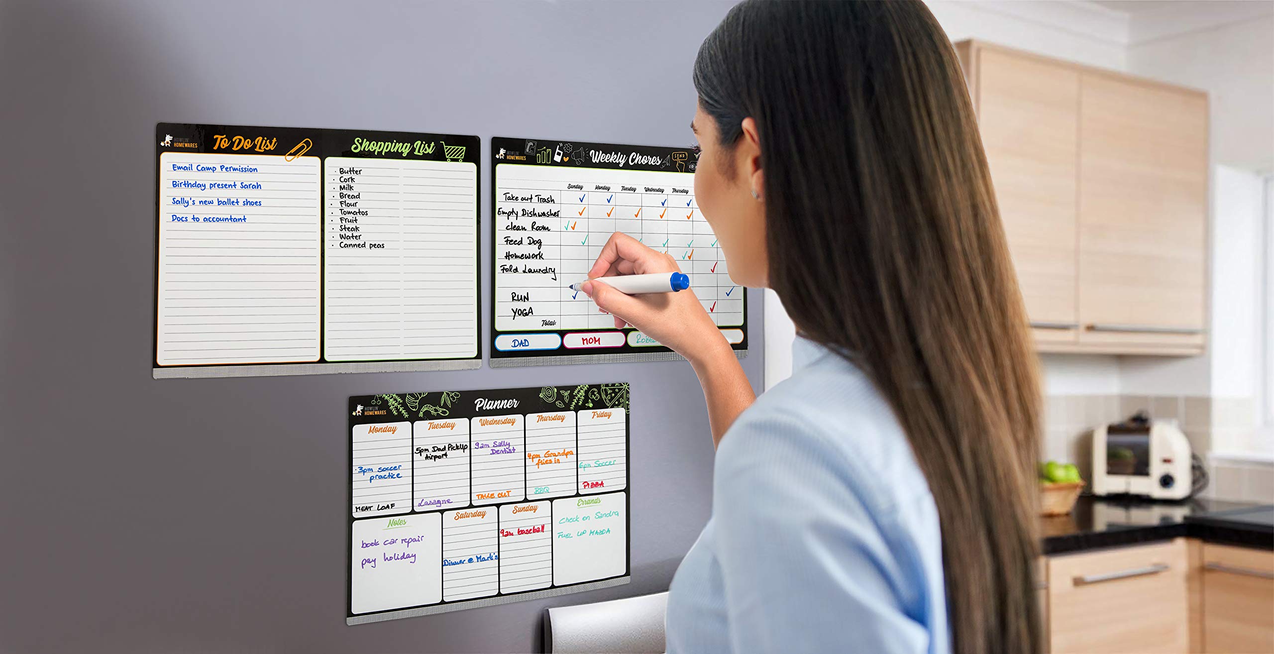 Howlin' Homewares Magnetic Dry Erase Board for Fridge - Stain Resistant Refrigerator Calendar with Fine Tip Markers and Large Eraser - Magnetic Whiteboard Weekly Planner