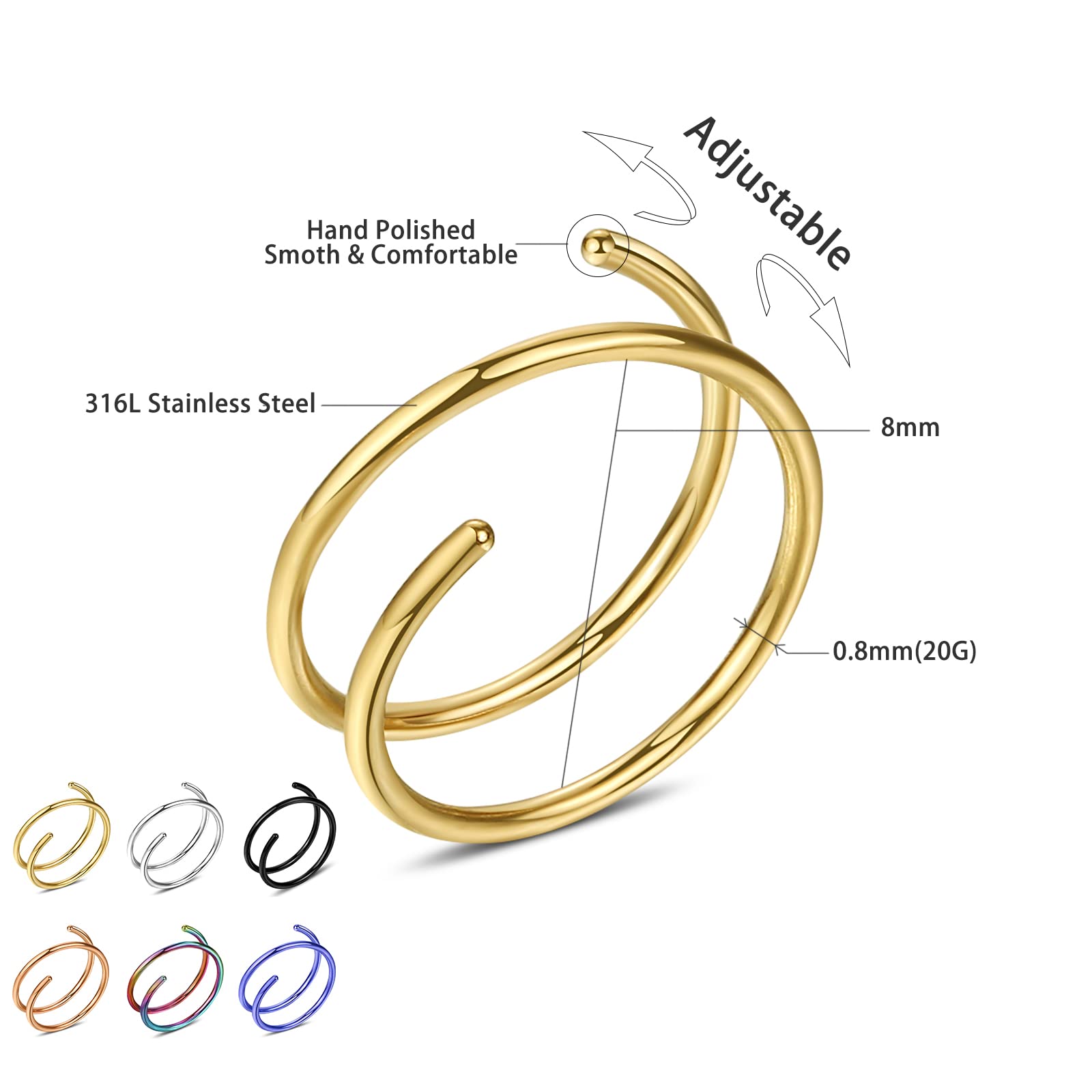 KWUNCCI Double Nose Ring Hoops for Single Piercing 20G Surgical Steel Spiral Nose Ring for Men Women 6/8/10mm