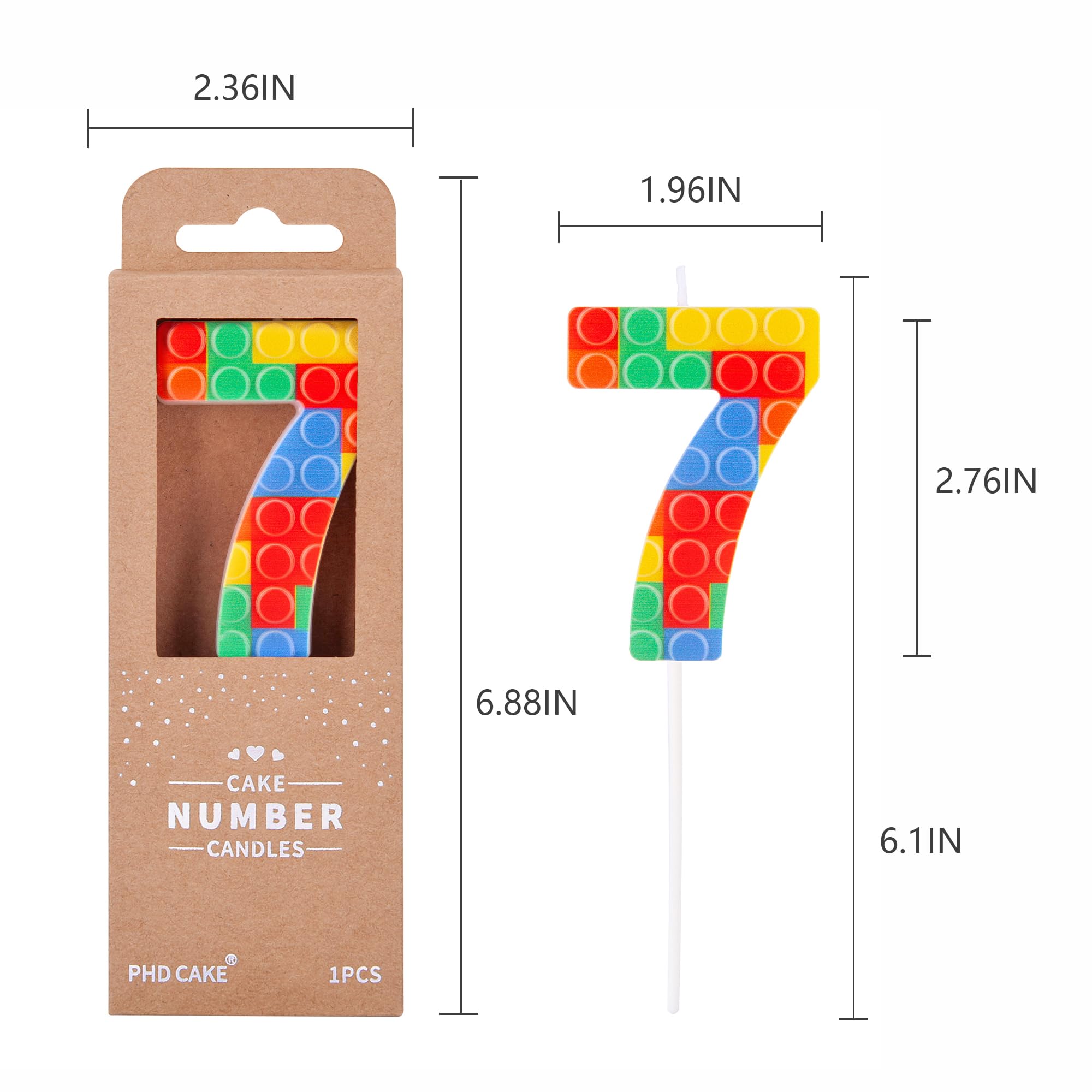 PHD CAKE Number 7 Building Block Birthday Cake Candle, Numeral Birthday Candles,Building Block Candles, Cake Topper Novelty Candle for Building Block Party