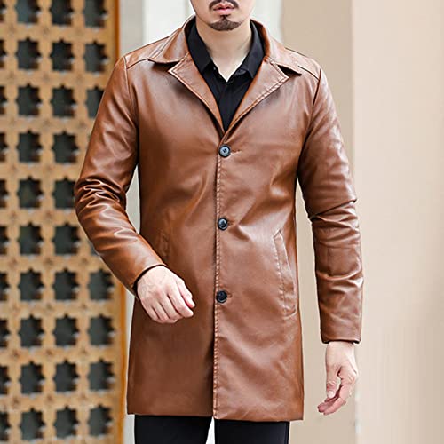 Maiyifu-GJ Men's PU Leather Trench Coat Classic Faux Leather Slim Fit Overcoat Winter Fleece Lapel Windbreaker Jacket (Khaki,Large)