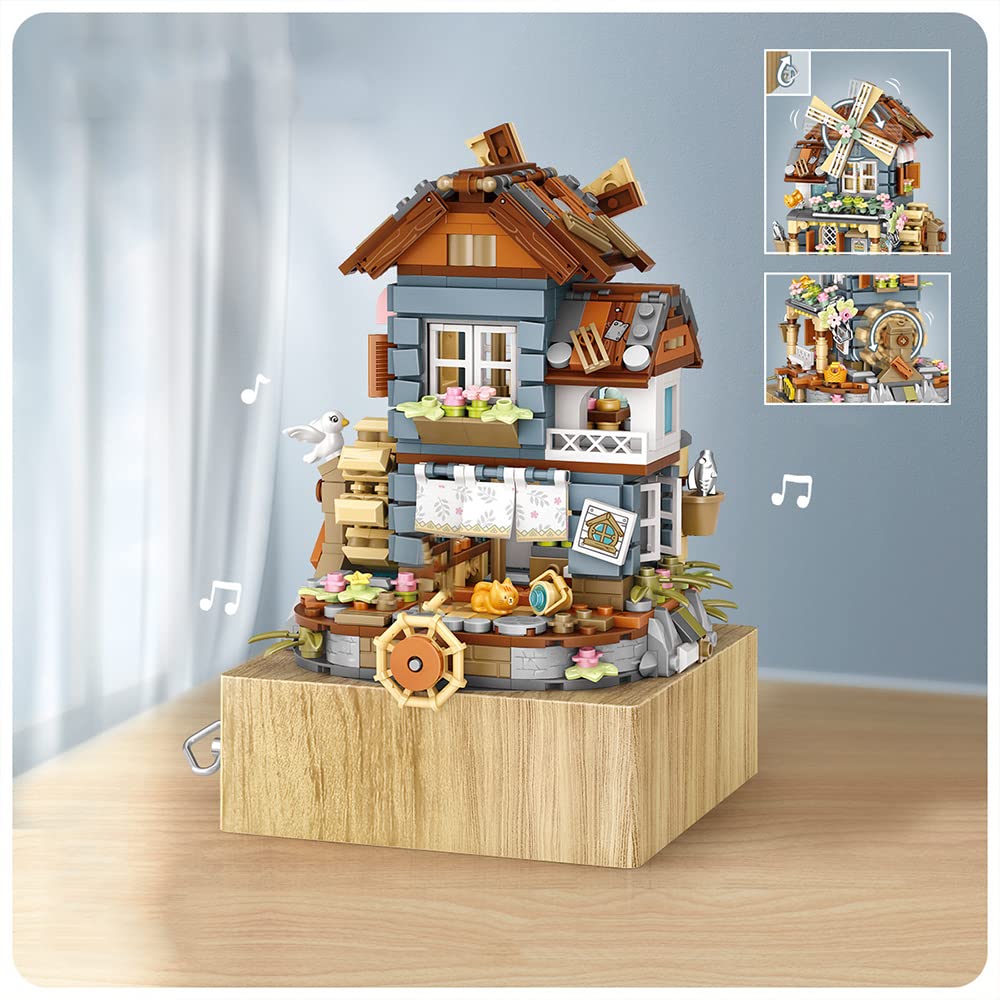 NIIZ Windmill Music Box Bricks Model Set, 799 Pieces Mini Bricks House Music Box Building Set, MOC Creative Street View Modular House Building Kit Construction Toy