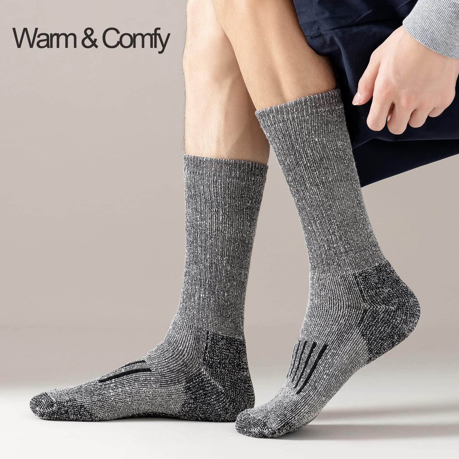 JORMATT Merino Wool Hiking Socks Men Women Thermal Heated Warm Cushioned Crew Boot Sock 3 Pairs, Men's Shoe Size 7-12