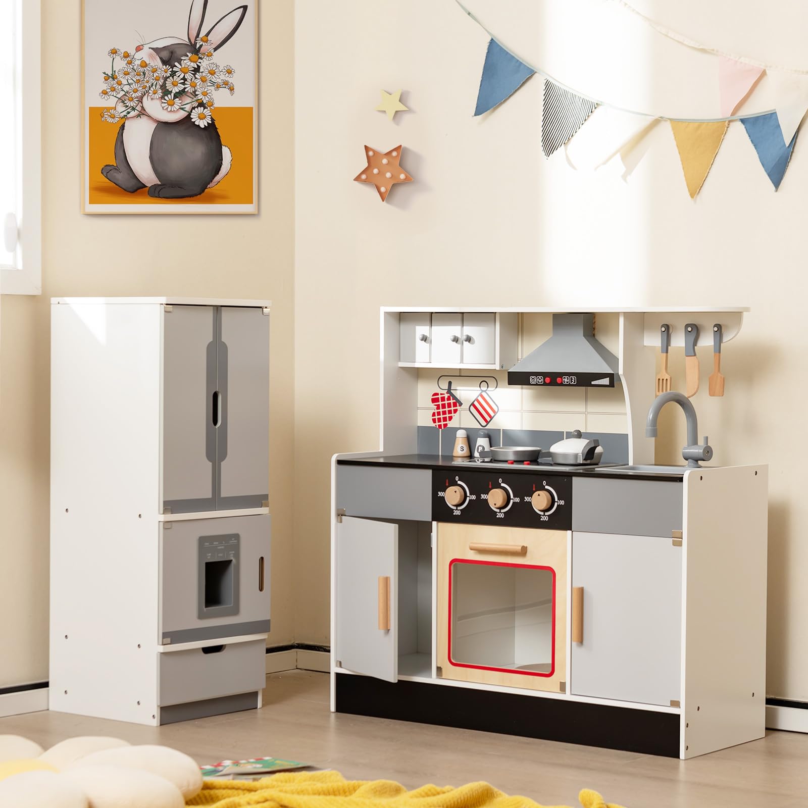 HONEY JOY Kids Kitchen Playset, 2-Piece Modular Wooden Play Kitchen for Toddlers & Refrigerator with Ice Maker, Range Hood, Oven, Little Chef Pretend Toy Kitchen Set with Light & Sound, Gray