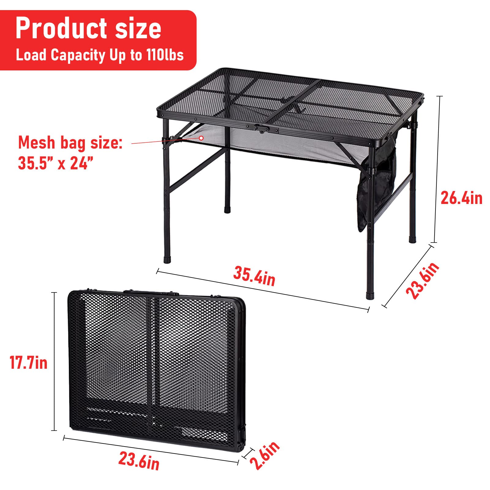 Kweetle Foldable Camping Table, Aluminum Camp Grill Table Height Adjustable, Portable Table with Mesh Bag, Picnic Tables for Outdoors, RV, BBQ, Garden, Cooking, Beach (35.4" x 23.6" x 26.4")