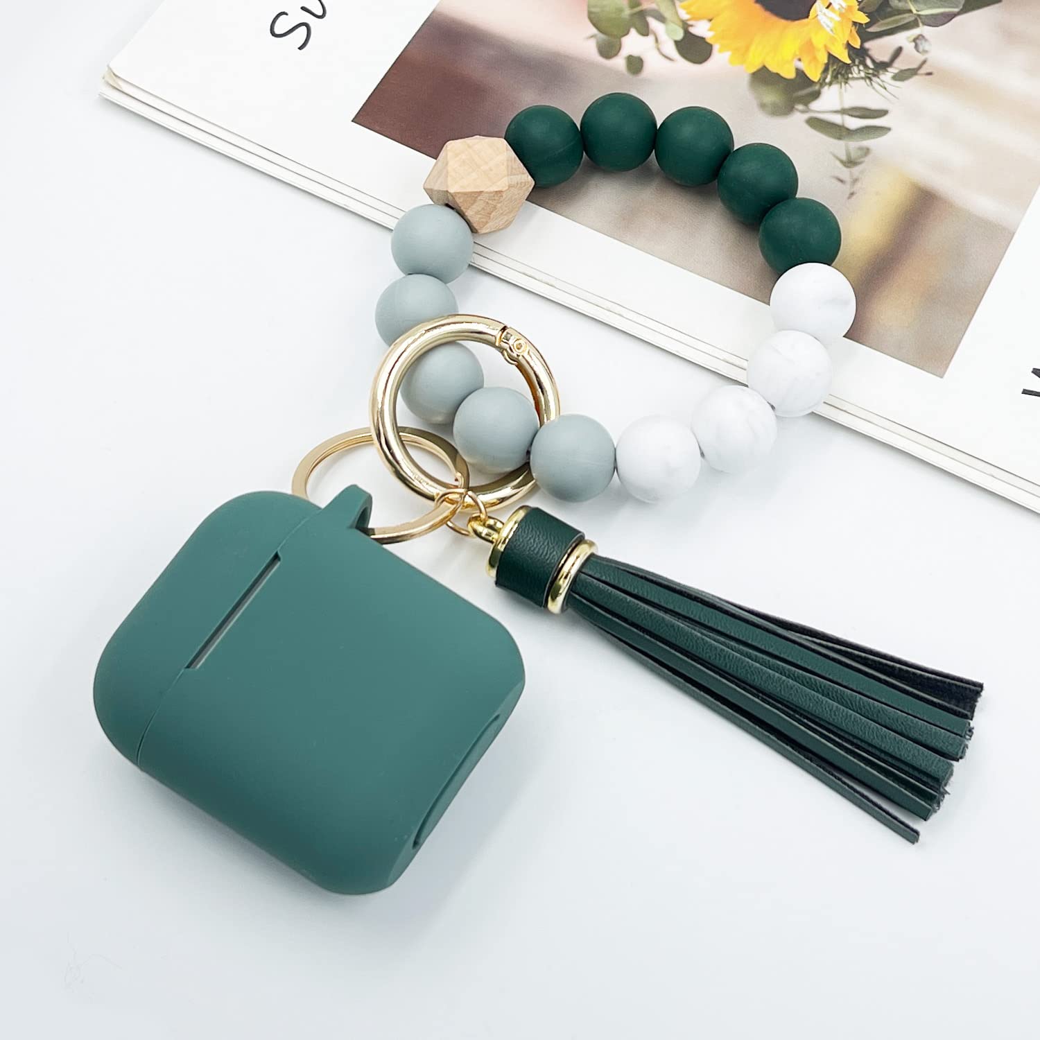 KOUJAON AirPods Case, Silicone Protective Case Cover with Beaded Bracelet Keychain Compatible with Apple AirPods 2nd 1st Generation Charging Case (Pine Green)