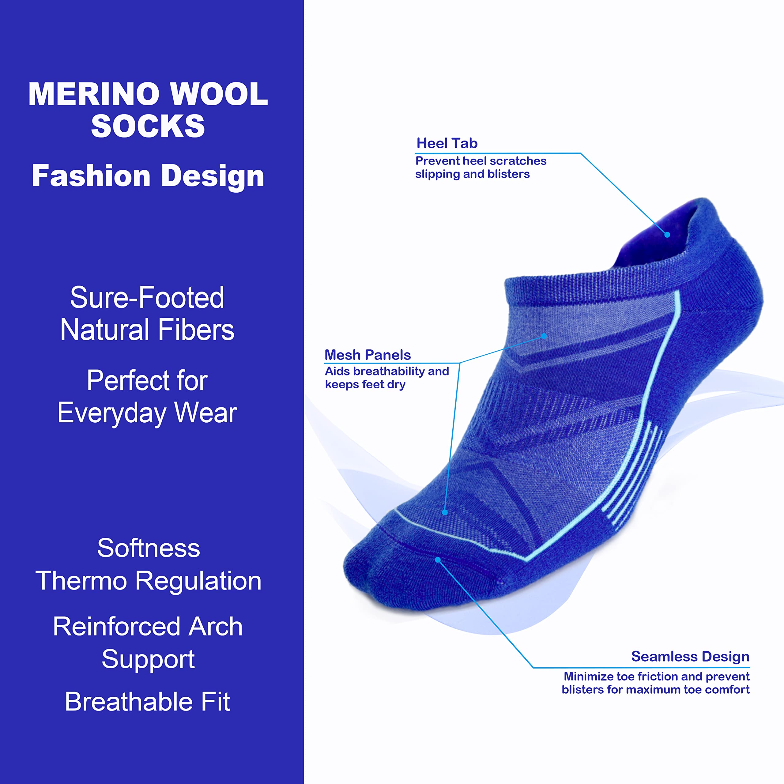 Merino Wool Ankle Running Socks Cushioned Low Cut Tab Athletic Socks for Men and Women Gifts 3 Pairs(Navy Blue,L)