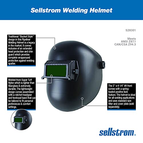 Sellstrom Lightweight, Durable, Bucket Style Passive Welding Helmet with Ratchet Headgear, 2" x 4.25" Lift Front (Filters, Cover Plates Sold Separately), Super Tuff Nylon, Black, 28301