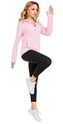 KEFITEVD Womens Sun Shirts Long Sleeve SPF 50+ Sun Protection Jacket UV Protection Hiking Jackets Hooded Long Sleeve Cooling Shirt with Pockets Light Pink