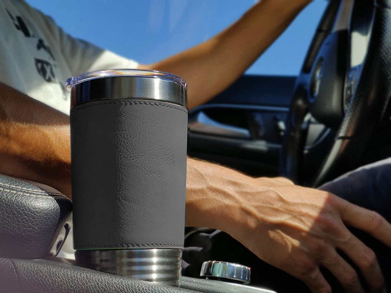 LaserGram 20oz Vacuum Insulated Tumbler Mug, Fireman, Personalized Engraving Included (Faux Leather, Gray)