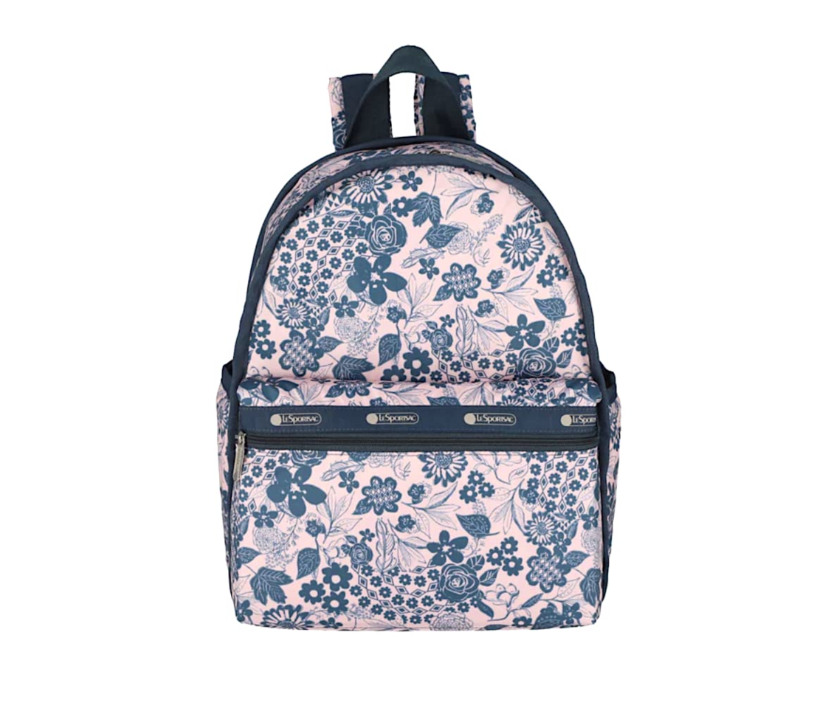 LeSportsac Rooks and Roses Basic Backpack/Rucksack, Style 7812/Color E483, Slate Blue Whimsical Roses, Graceful Branches & Leaves Artfully Arranged on Pearlized Pastel Pink Bag