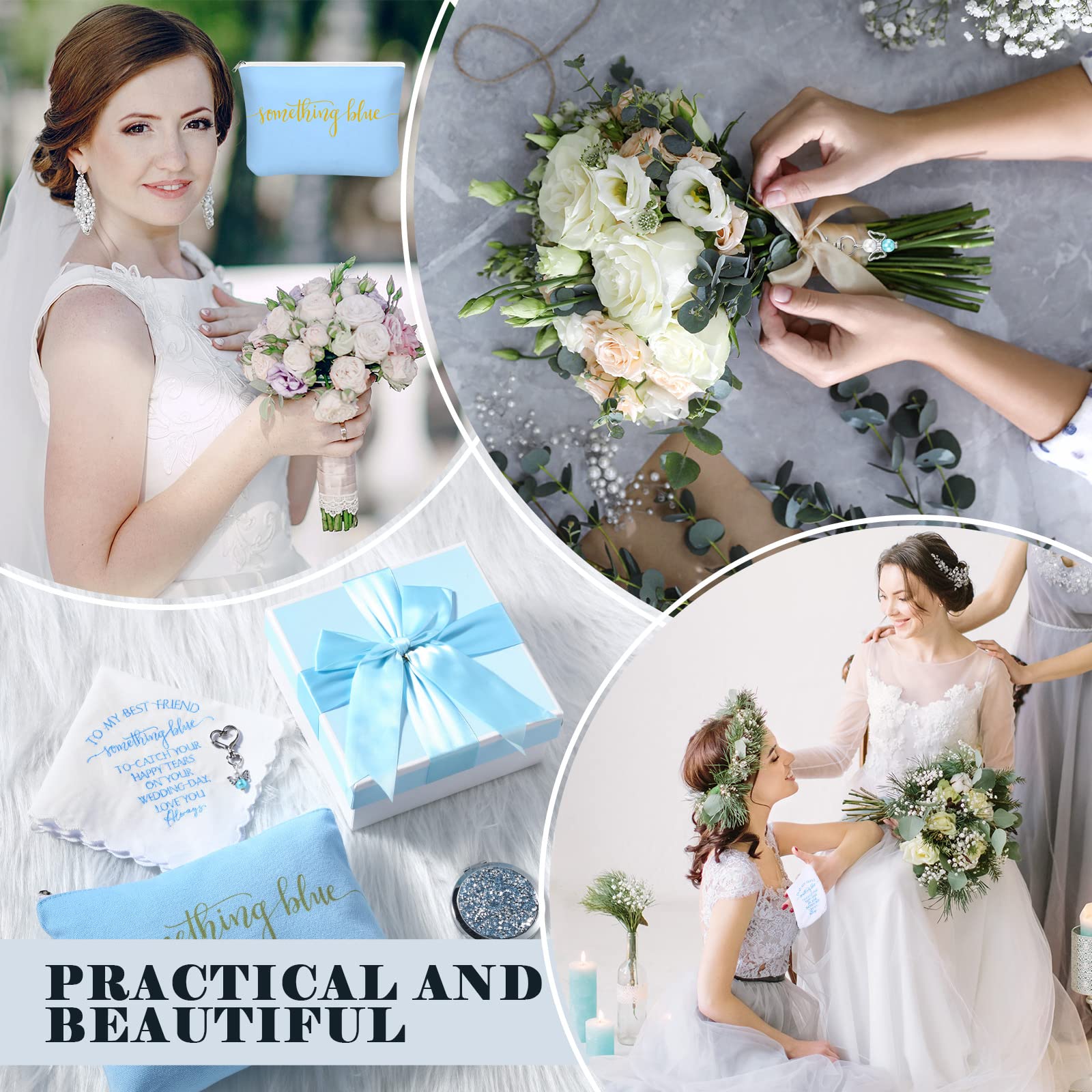Set of 5 Something Blue Wedding Gift for Bride to My Best Friend Wedding Embroidered Handkerchief Angel Bouquet Charm Something Blue Bridal Cosmetic Bag Diamond Compact Mirror Blue Raffia Gift Box