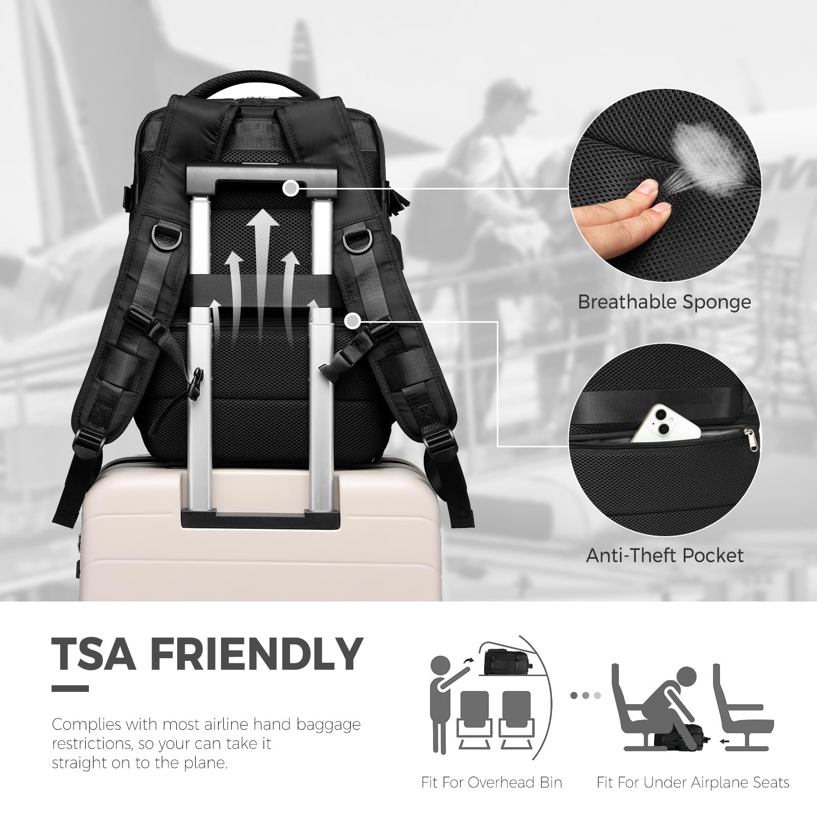 Jyvexius 17 Inch Carry-On Backpack, Large Travel Backpack for Women and Men with USB Charging Port, Airplane Approved Water Resistant Lightweight Daypack for Flight - Beige