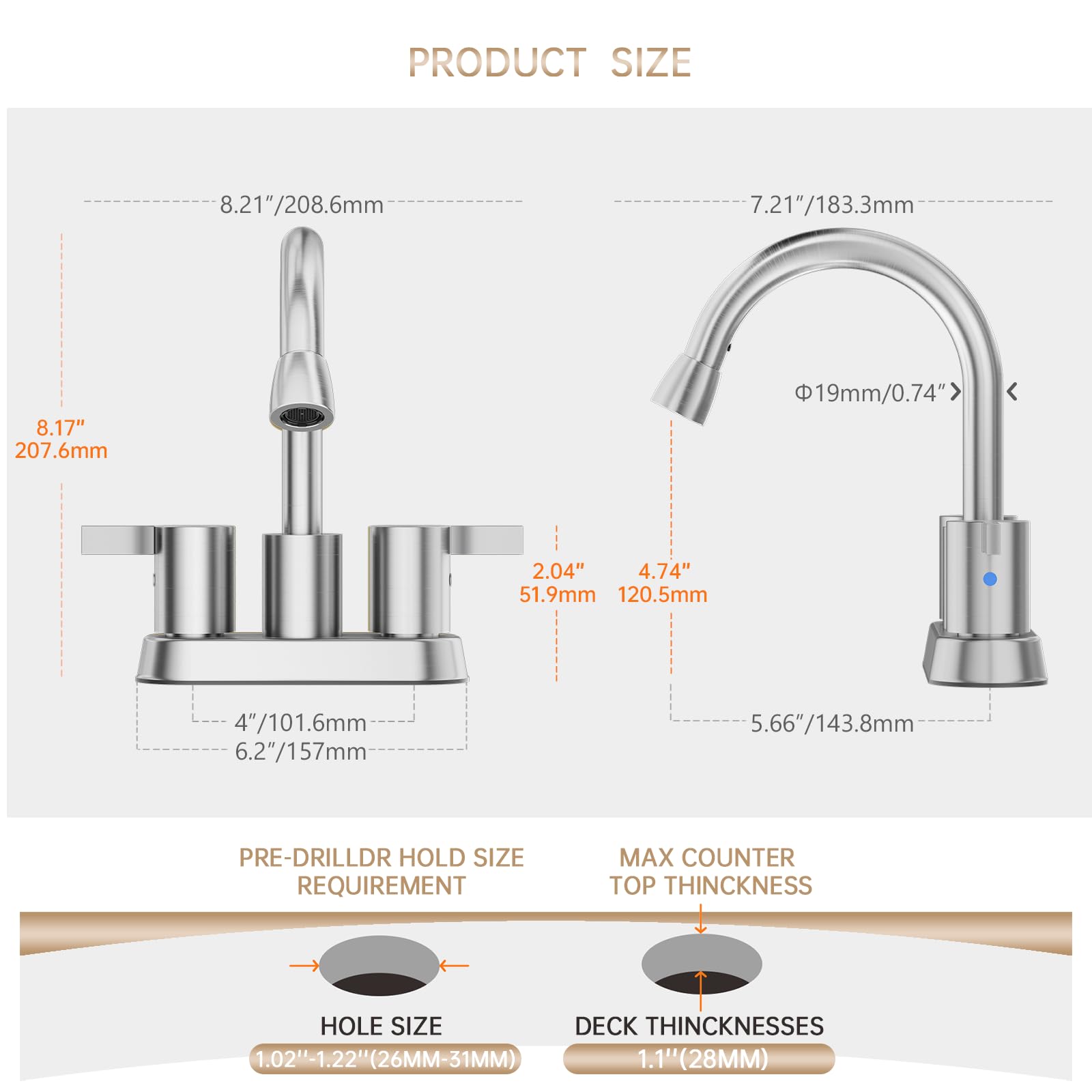 Phiestina Pull Down Sprayer Brushed Nickel Bathroom Faucet, 4 Inch 3 Hole Centerset Pull Out Bathroom Sink Faucet,with 360 Swivel Spout, Metal Pop-Up Drain & cUPC Water Supply Lines, BF04011-K01-GBN