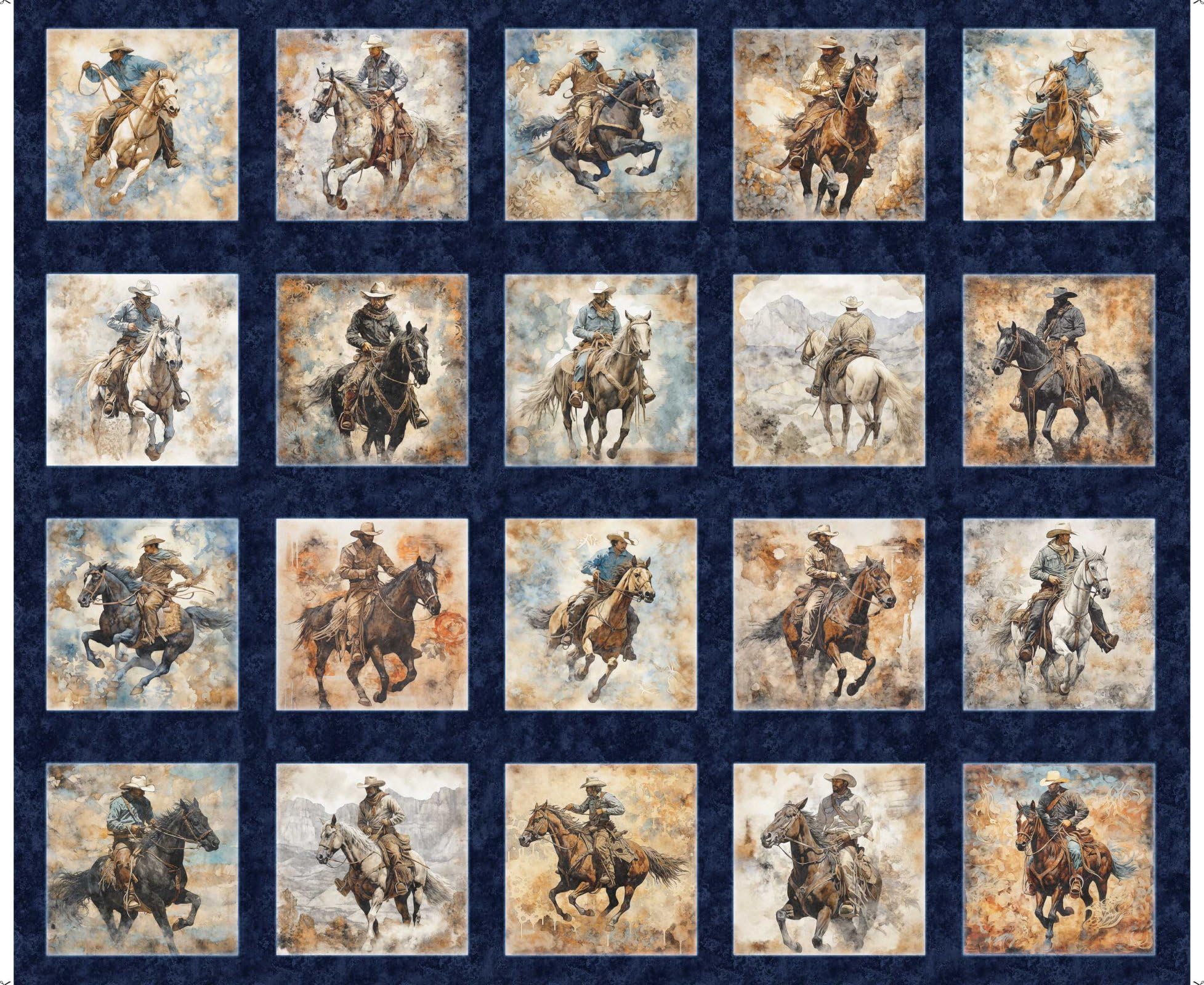 QT Fabrics Running Wild 30624 N Navy Cowboy On Horse Picture Patch Quilting Fabric