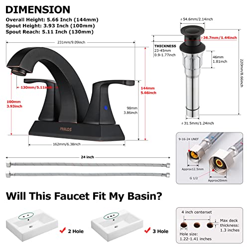 PARLOS 2 Handles Bathroom Faucet with Pop-up Drain and Faucet Supply Lines, Oil Rubbed Bronze, Doris 14133