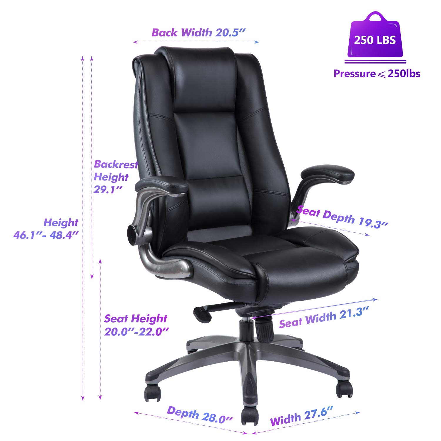 High Back Office Chair - Adjustable Flip-Up Arms Ergonomic Bonded Leather Computer Desk Executive Chair, Double Padded Backrest Seat Cushion & 360 Degree Rotation for Office Workers & Student