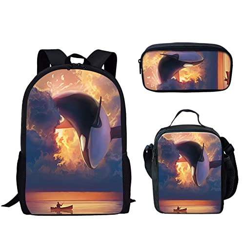 HUGS IDEA Killer Whale Print School Backpack Set with Insulated Lunch Box Zipper Closure Pen Holder Organizer for Children Girls Boys 3 in 1