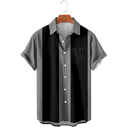 Men's Vintage Bowling Shirt Short Sleeve Button Down Summer Cuba Beach Shirts Stripe Printing Top with Pocket