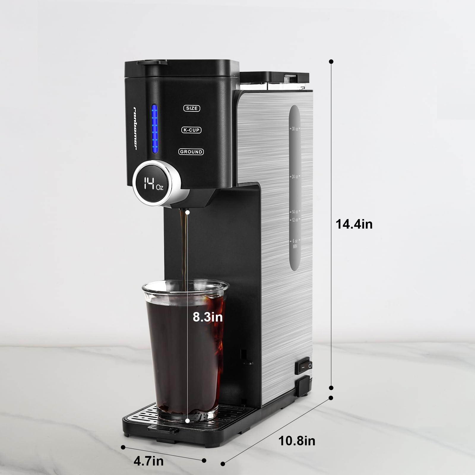 Ranbomer K Cup Pod Coffee Maker,One Cup Coffee Machine Brew 6-14 oz Ground Coffee Maker,Compact Design 48-oz,Single Serve,2 in 1, Black..