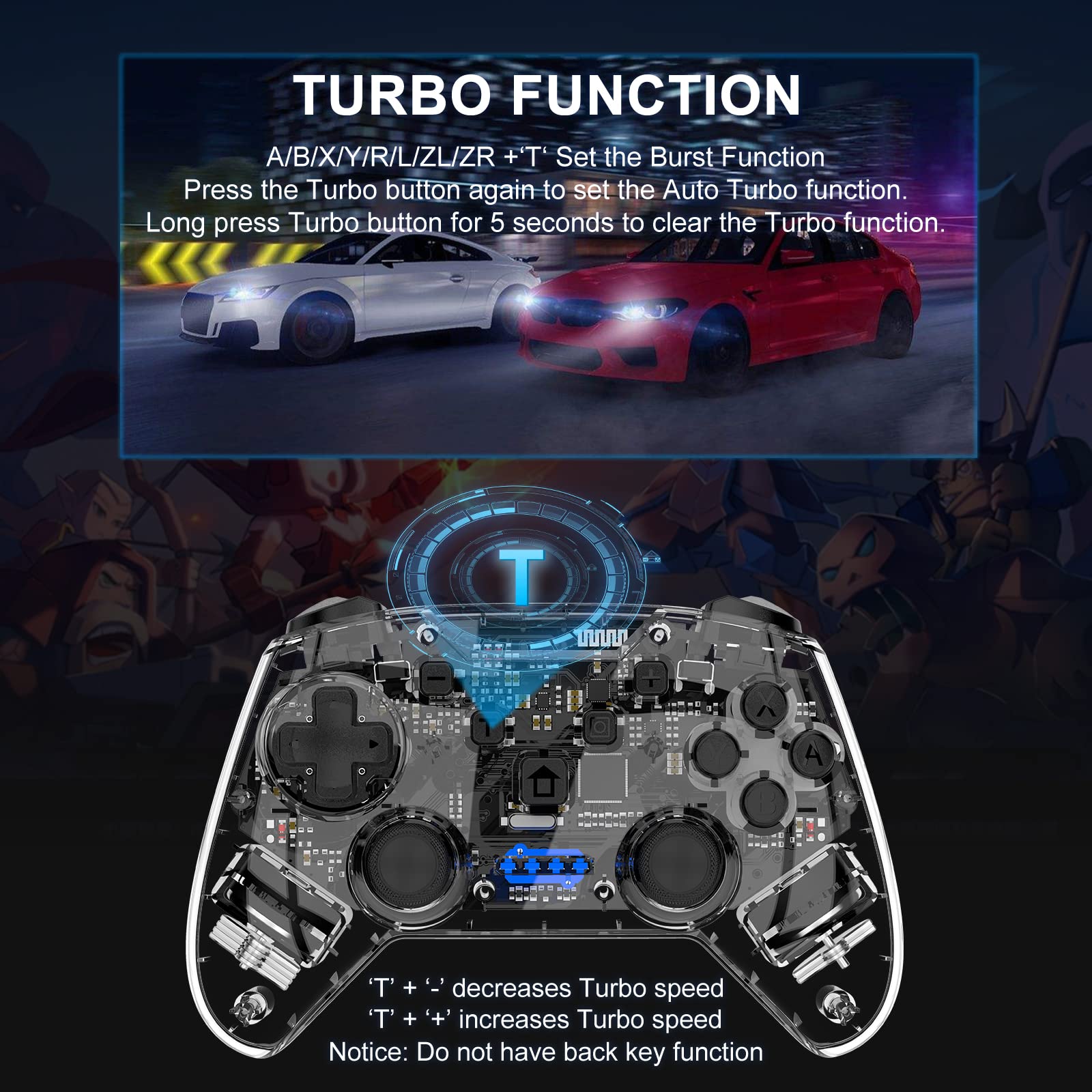 Joso Game Controller for iPhone, Android, Tesla, PC, iPad, MacBook, Transparent Bluetooth Wireless Gamepad Joystick with RGB Colorful Lights for iOS, MFi Games, Arcade, Turbo Function, Direct Play