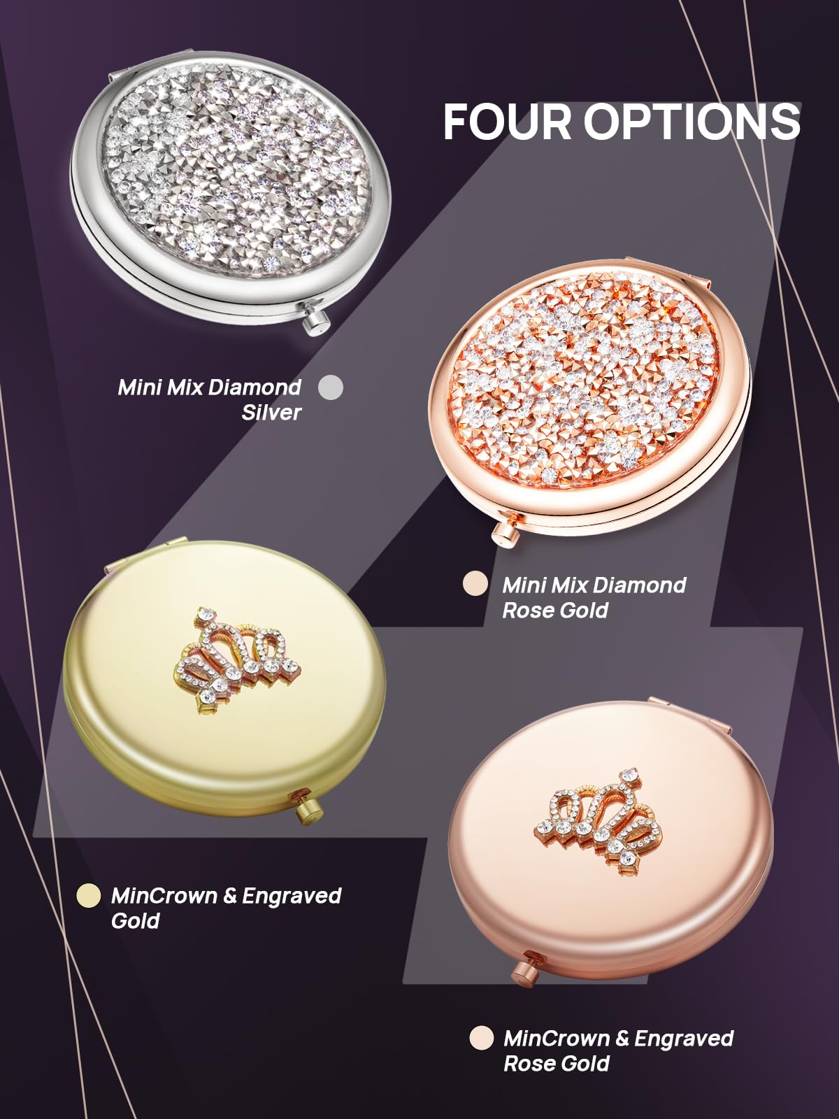 OMIRO Compact Mirror, Mini Small Diamond 1X/2X Magnifying Round Metal Pocket Makeup Mirror (Rose Gold)