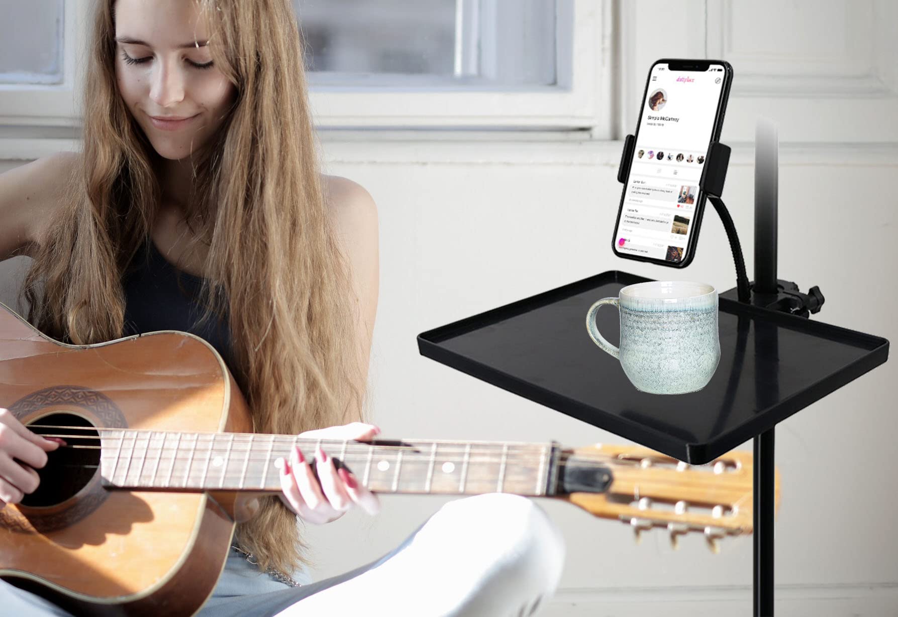 Microphone Stand Plastic Tray with Phone Holder, Music Stand Clamp-On Rack Tray Holder for Stage, Live Streaming