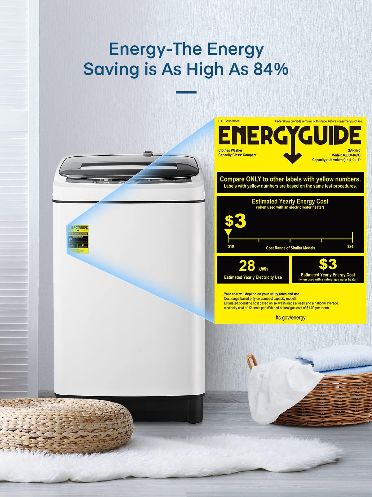 Portable Washing Machine 1.5 Cu.Ft, FOHERE 11lbs Compact Washer with Spinner Combo, 8 Programs, Includes Quick Connect Sink Adapter and Drain Hose, for Apartments, RVs, Dorms