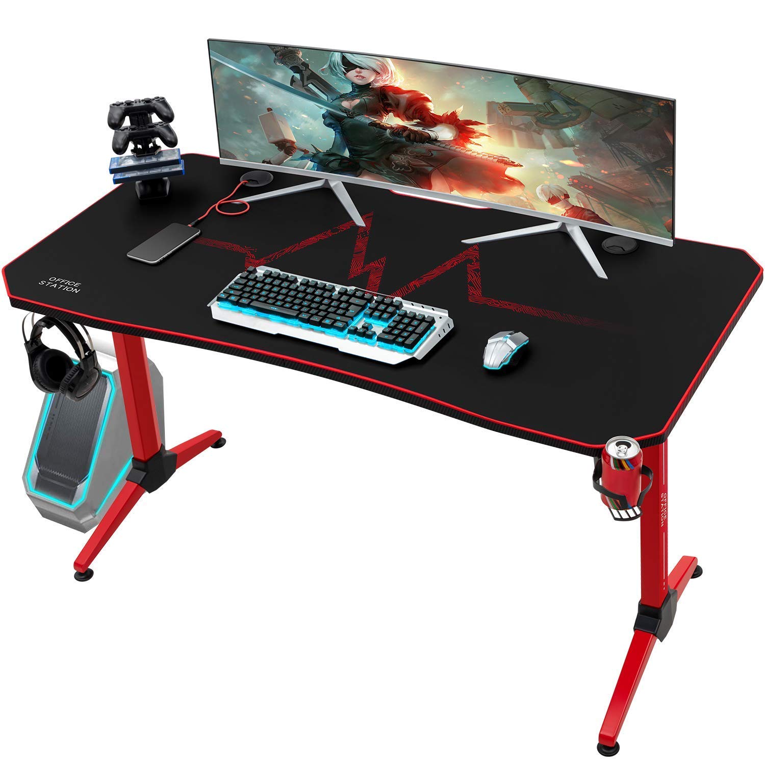 KaiMeng Gaming Desk 55 Inch PC Computer Game Desk with Mouse Pad Home Office Study Table Gamer Workstation Carbon Fiber Modern Surface Sturdy T-Shaped Y Leg, Red