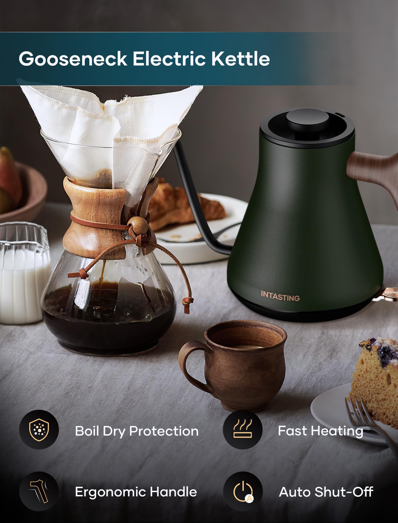 INTASTING Gooseneck Electric Kettle Hot Water Boiler Pour Over Coffee and Steeping Tea, 304 Stainless Steel, 0.9L/30oz, Auto Shut-Off & Boil Dry Protection, Matte Green with Dark Brown Wood Handle