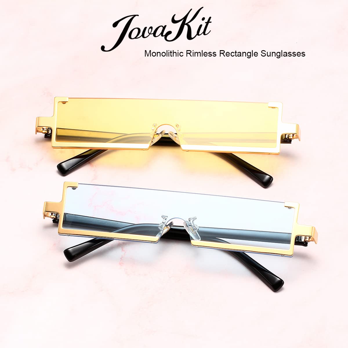 JOVAKIT Monolithic Rimless Rectangle Sunglasses for Women Men Vintage Retro Half Metal Frame Sun Glasses UV400 Protection (Gold/Grey)
