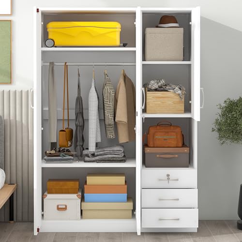 TINIMONI Modern 3-Door Wooden Wardrobe Armoire, Closet Organizer with Shelves, Drawers, and Hanging Rod, Stylish Storage Solution for Bedrooms, White