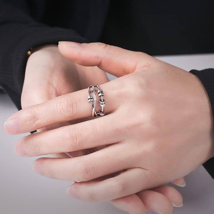 LETINE Fidget Rings For Anxiety For Women Men, Sterling Silver Anxiety Ring With Bead Unisex Spinner Ring Adjustable Worry Ring