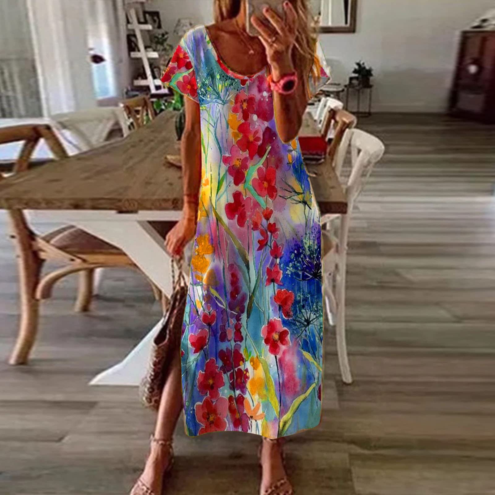 Maxi Boho O Casual Dresses Sleeve Dress Short Printing Womens Long Neck Spring Summer Sundress Beach Outfit Multicolor