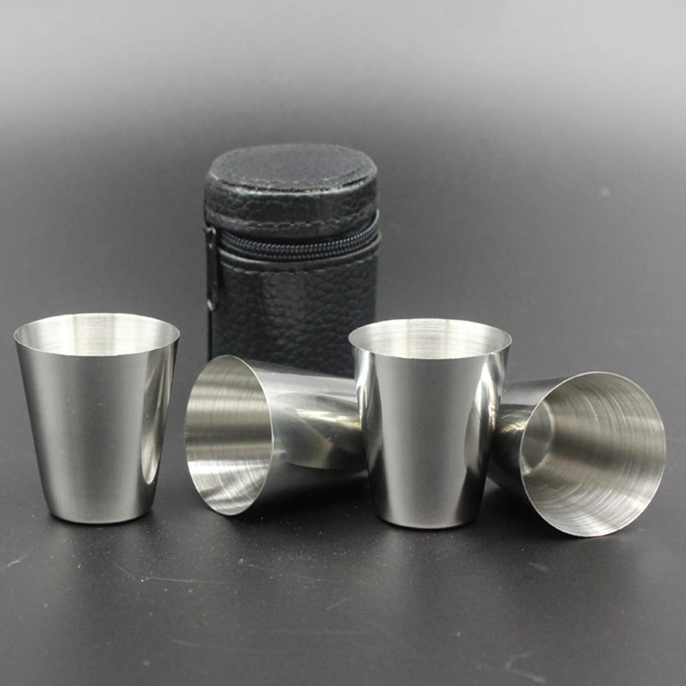 lasenersm 4 Pieces 30ml (1oz) Stainless Steel Shot Cups Shot Glass Drinking Vessel with One Black PU-Leather Carrying Case Outdoor Camping Travel Coffee Tea Cup, Silver Cup, Black Case