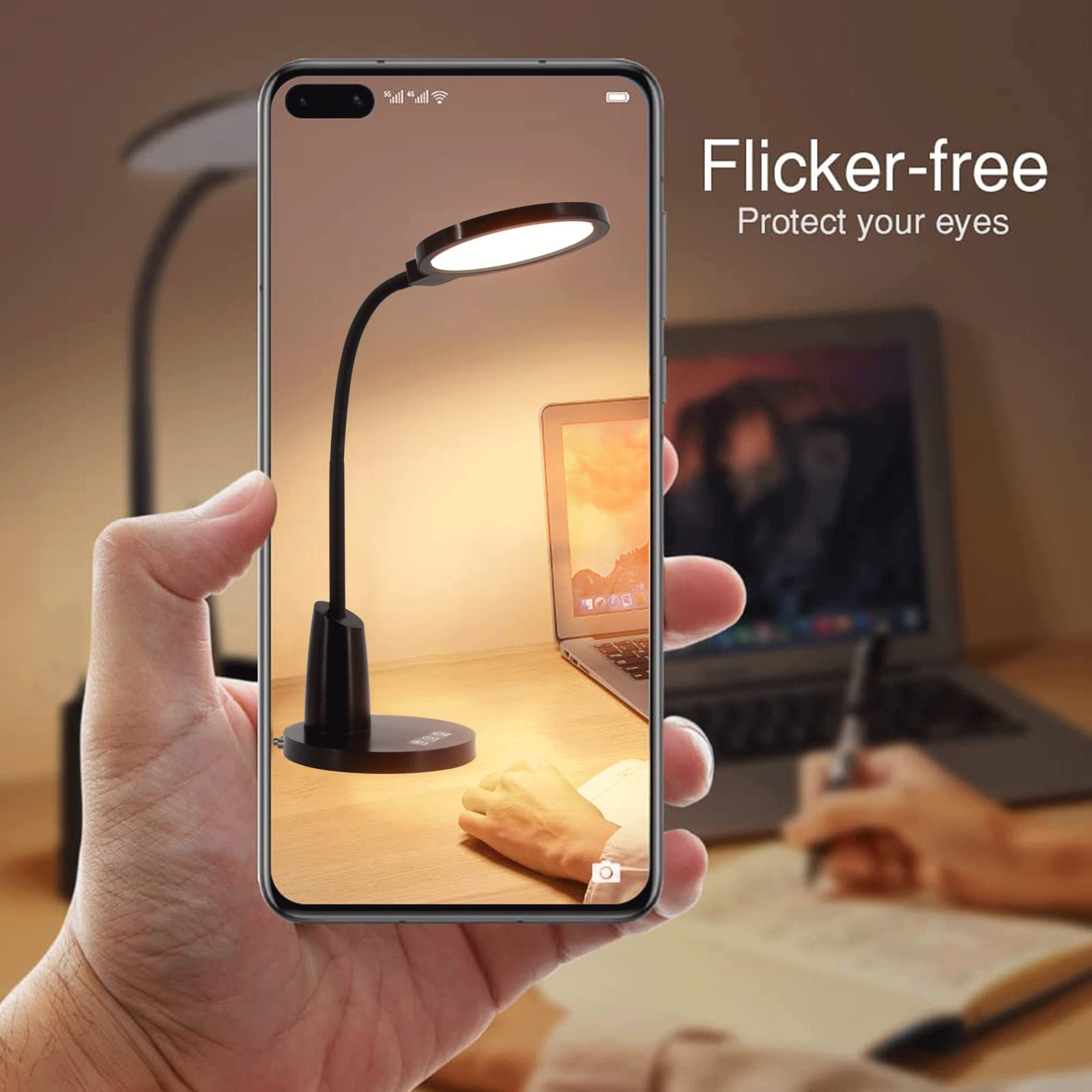 LED Desk Lamp with USB Charging Port, Small Desk Lamp for Home Office 10 Levels Brightness, Study Lamp for Kids Students, Flexible Goose Eye-Caring Black Table Lamp, 45 Minutes Auto-Off Timer.