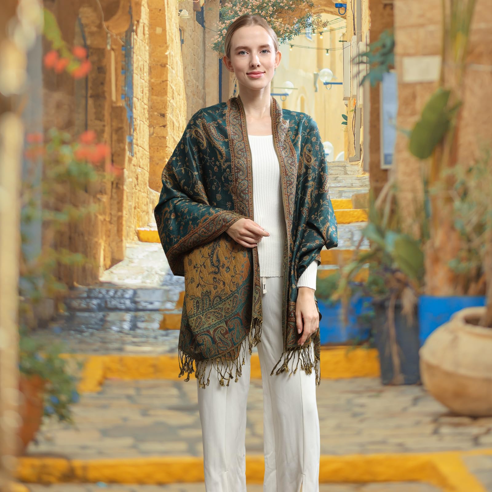 MAOZAN Soft Silky Reversible Paisley Pashmina Shawl Wrap Scarf w/Fringes