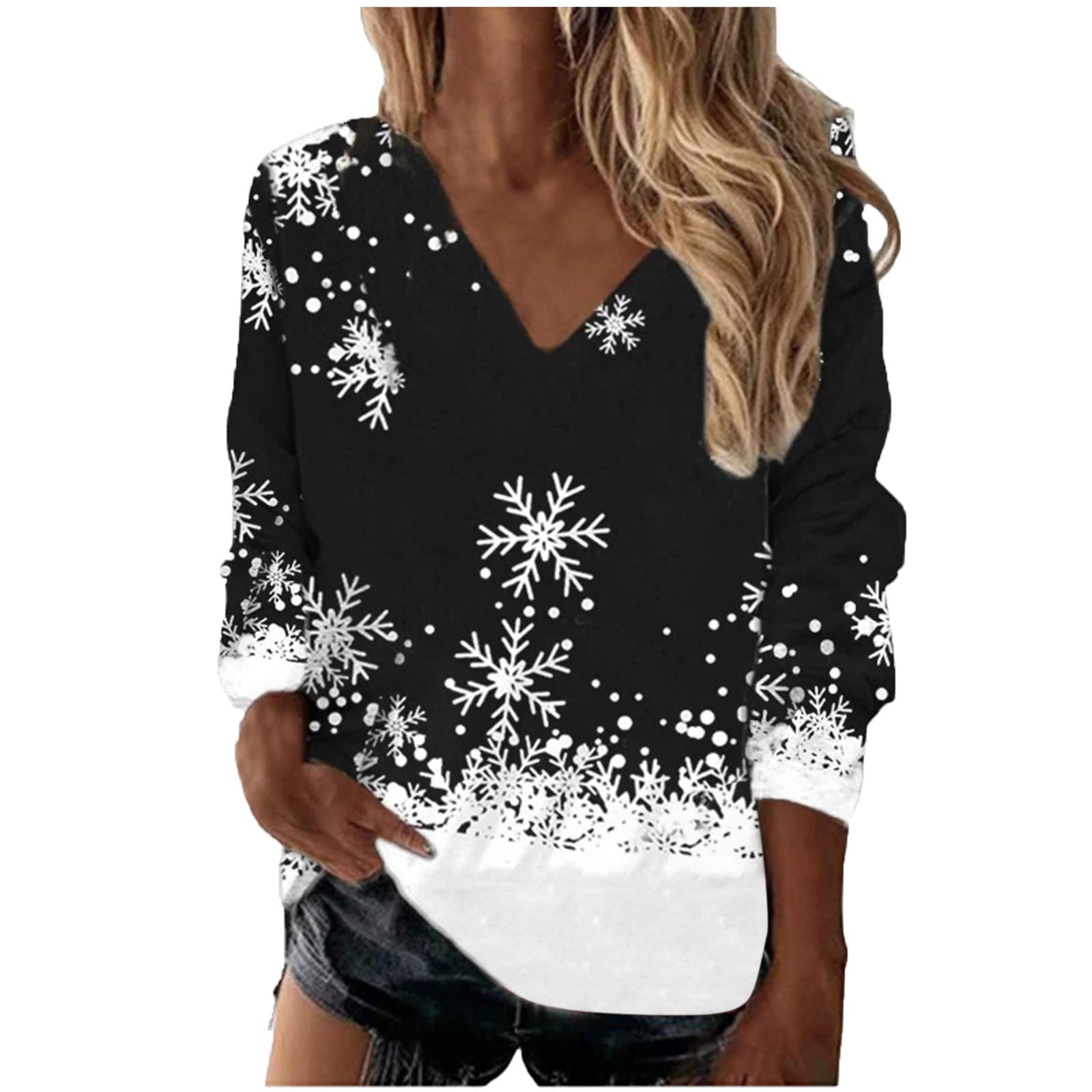 jovati Christmas Sparkly Snowflake Print Tops,Women V Neck Long Sleeve Tshirts Casual Plus Size New Year Party Sweatshirt