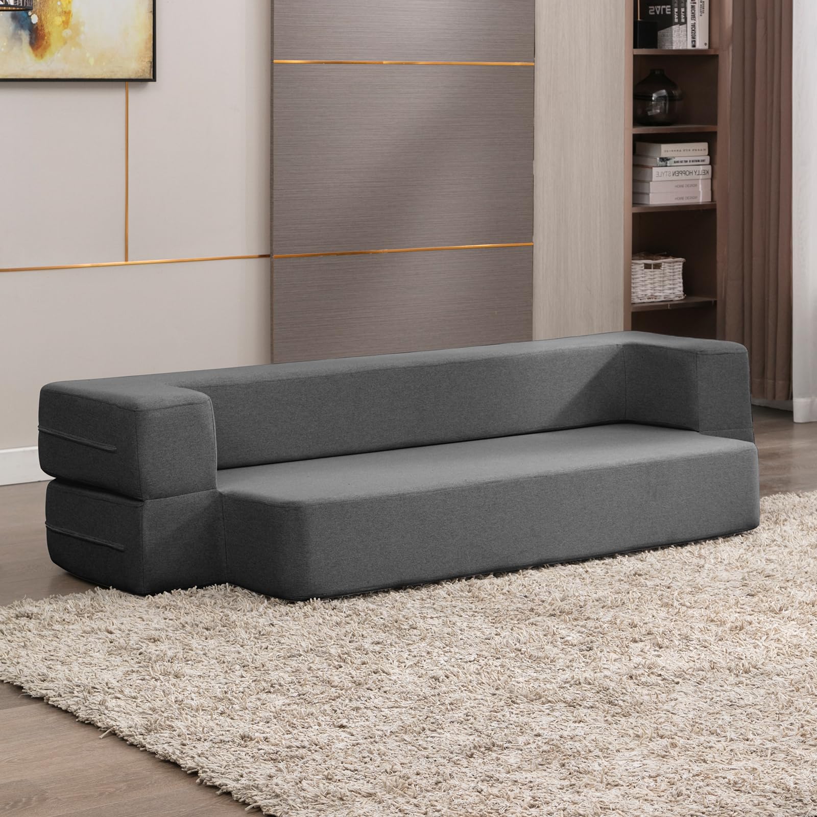 PUREMIND 2-in-1 Queen Convertible Couch Bed, Folding Floor Sofa Bed, Fold Out Floor Sleeper Sofa Couch for Living Room/Guest Room/Home Office Dark Grey