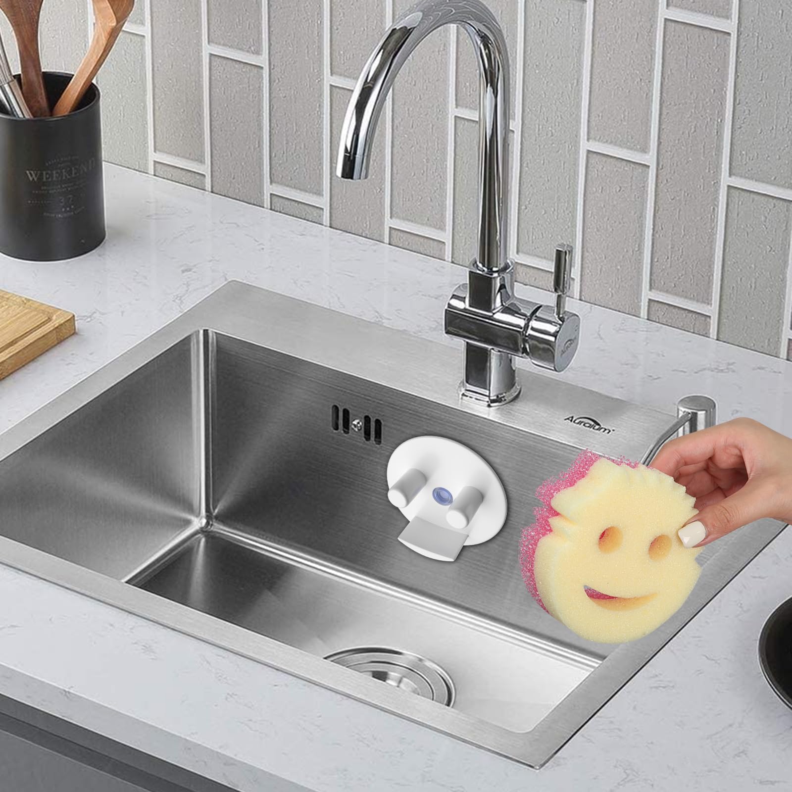 Sponge Holder, Sink Caddy for Scrub Sponges, Kitchen/Bathroom Sink Sponge Storage with Suction Cup Installation,Holding Smiley Sponges,Self-Draining and Dishwasher Safe(Sponges Not Included),1pcs