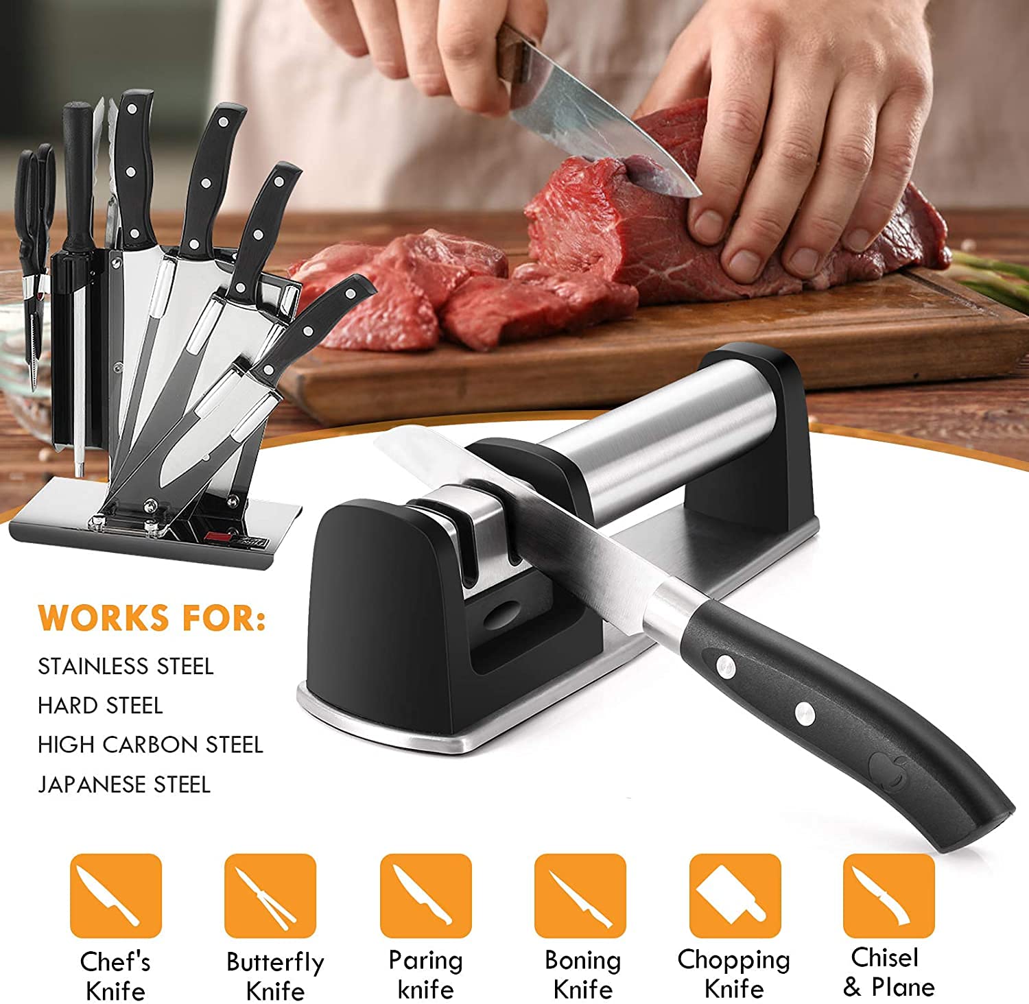 Knife Sharpener Kitchen Knife Accessories, HWTONG 2-Stage Knife Sharpener Helps Repair, Restore, Polish Blades and Microfiber Wipe